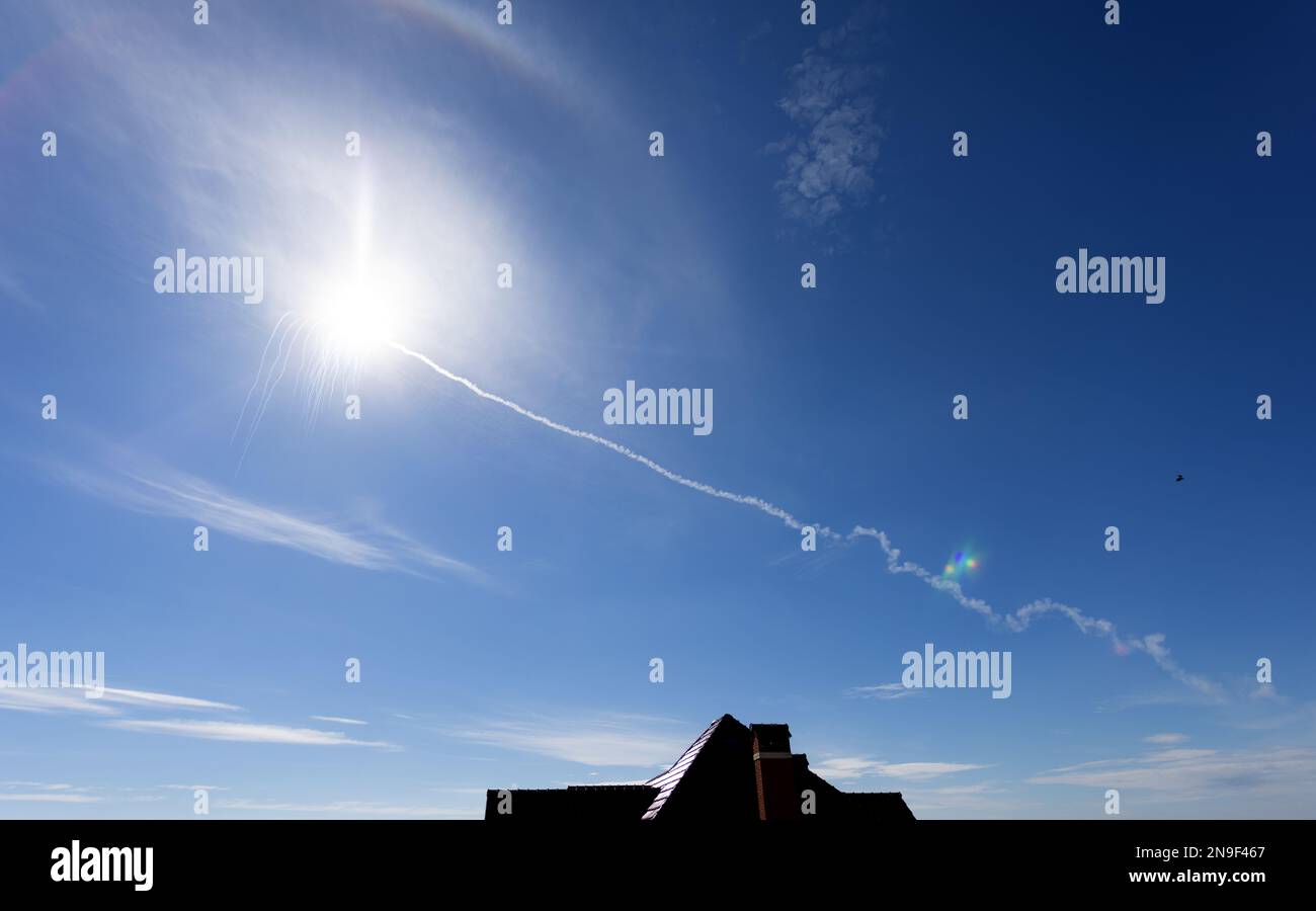Trail launch anti-missile in the sky. Missile trail of air defense ...