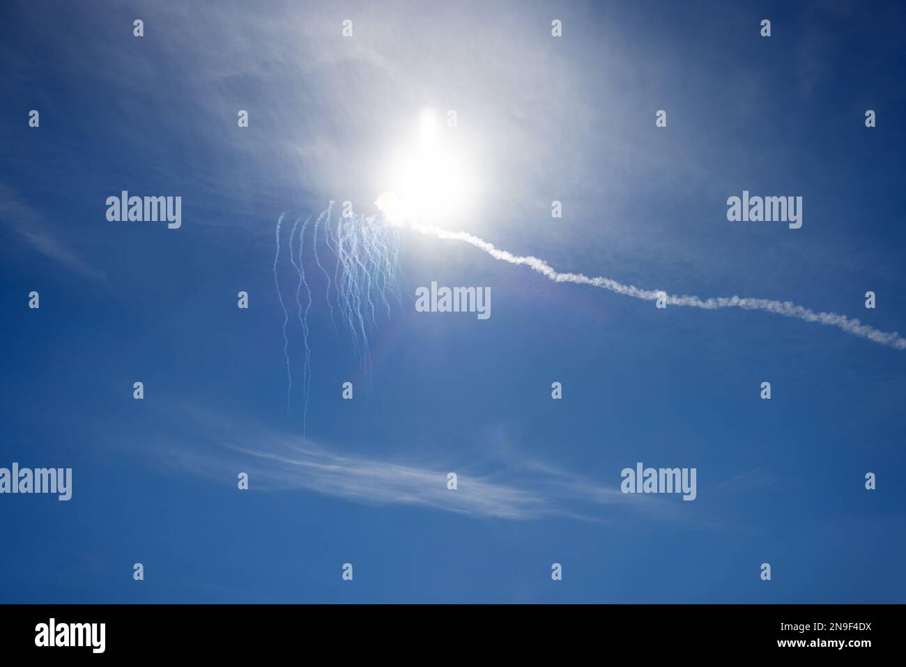 Trail launch anti-missile in the sky. Missile trail of air defense ...