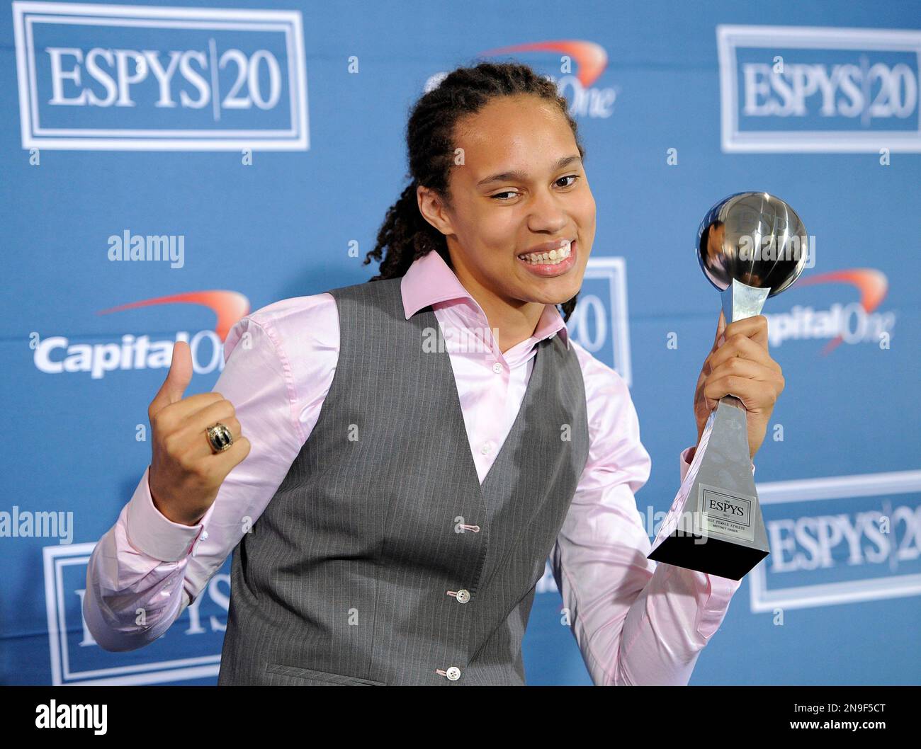 Brittney Griner, winner of best female athlete, poses backstage at the ...