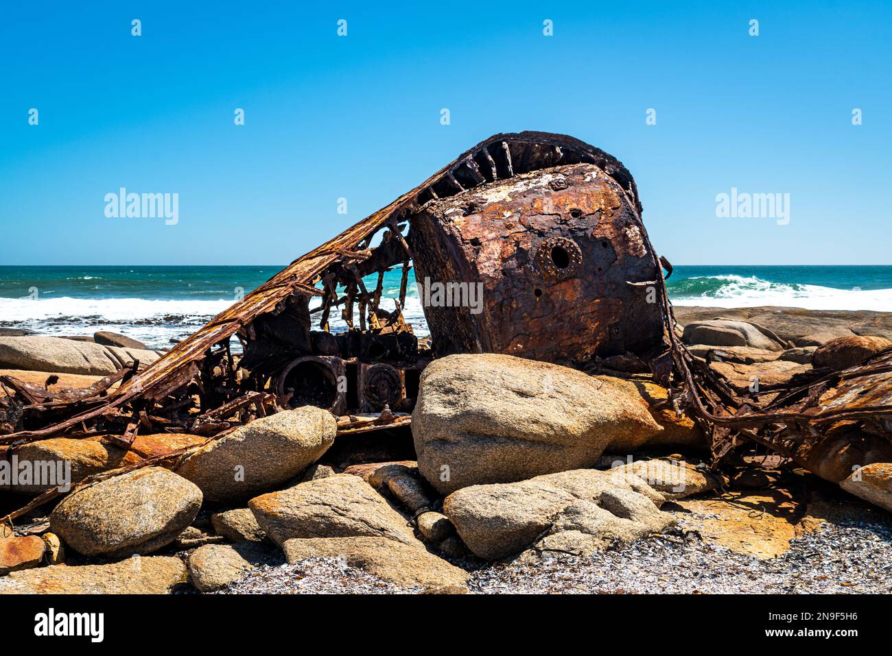 The wreck of the Aristea lies on the rocks on the Atlantic Ocean coast ...