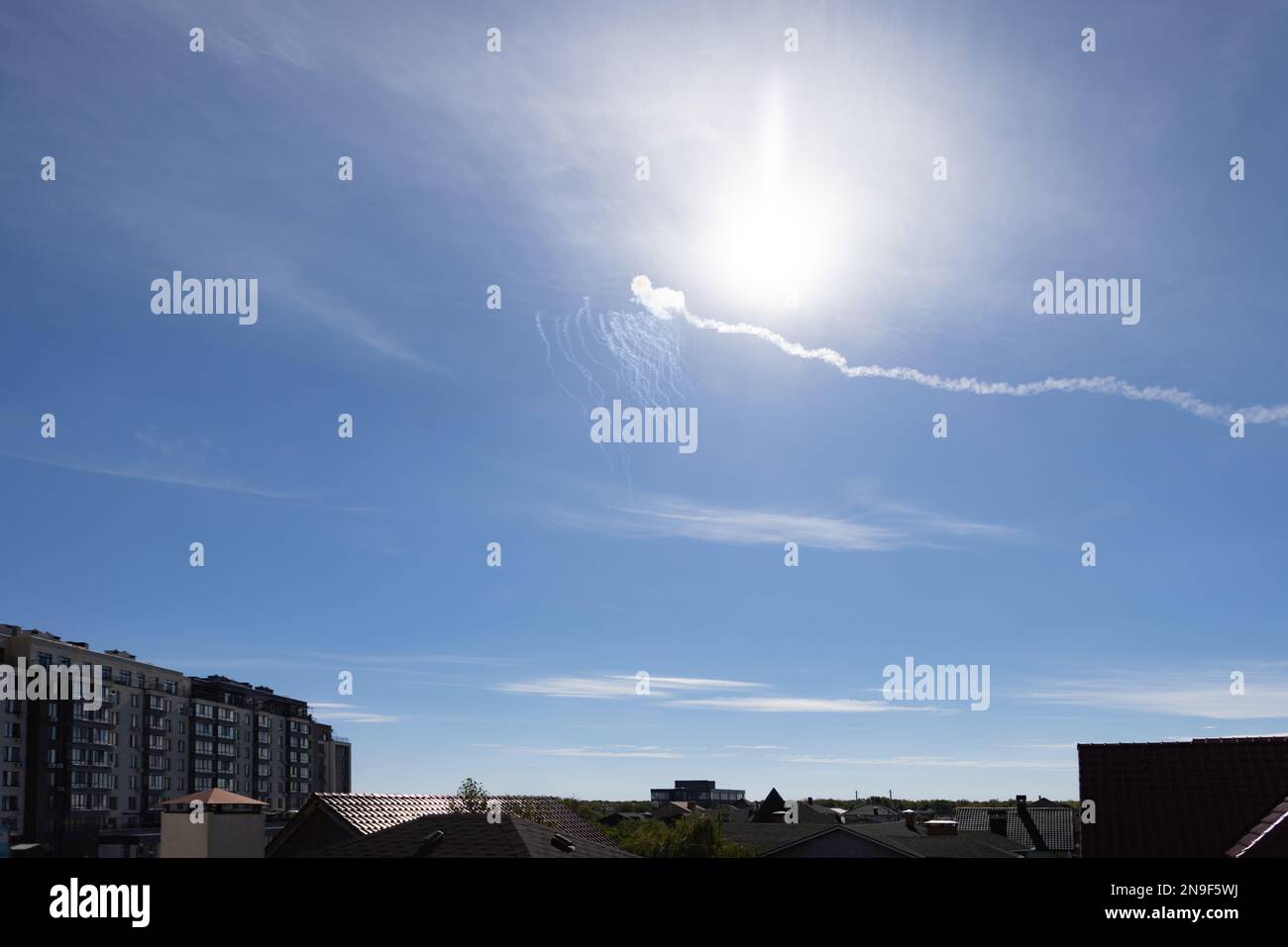 Trail launch anti-missile in the sky. Missile trail of air defense ...