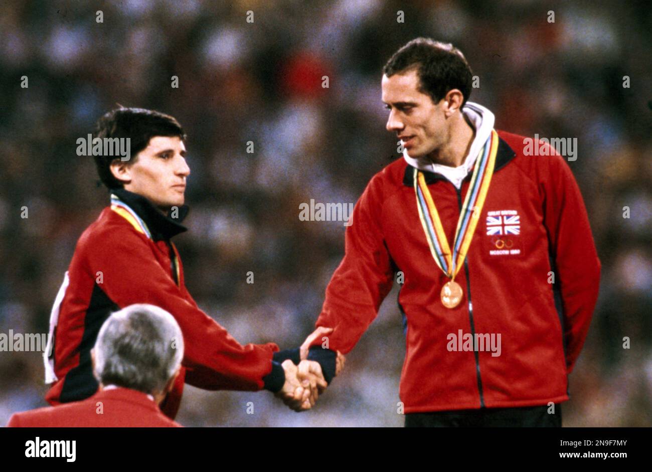 Britain's Sebastian Coe, left, and Steve Ovett shake hands after ...