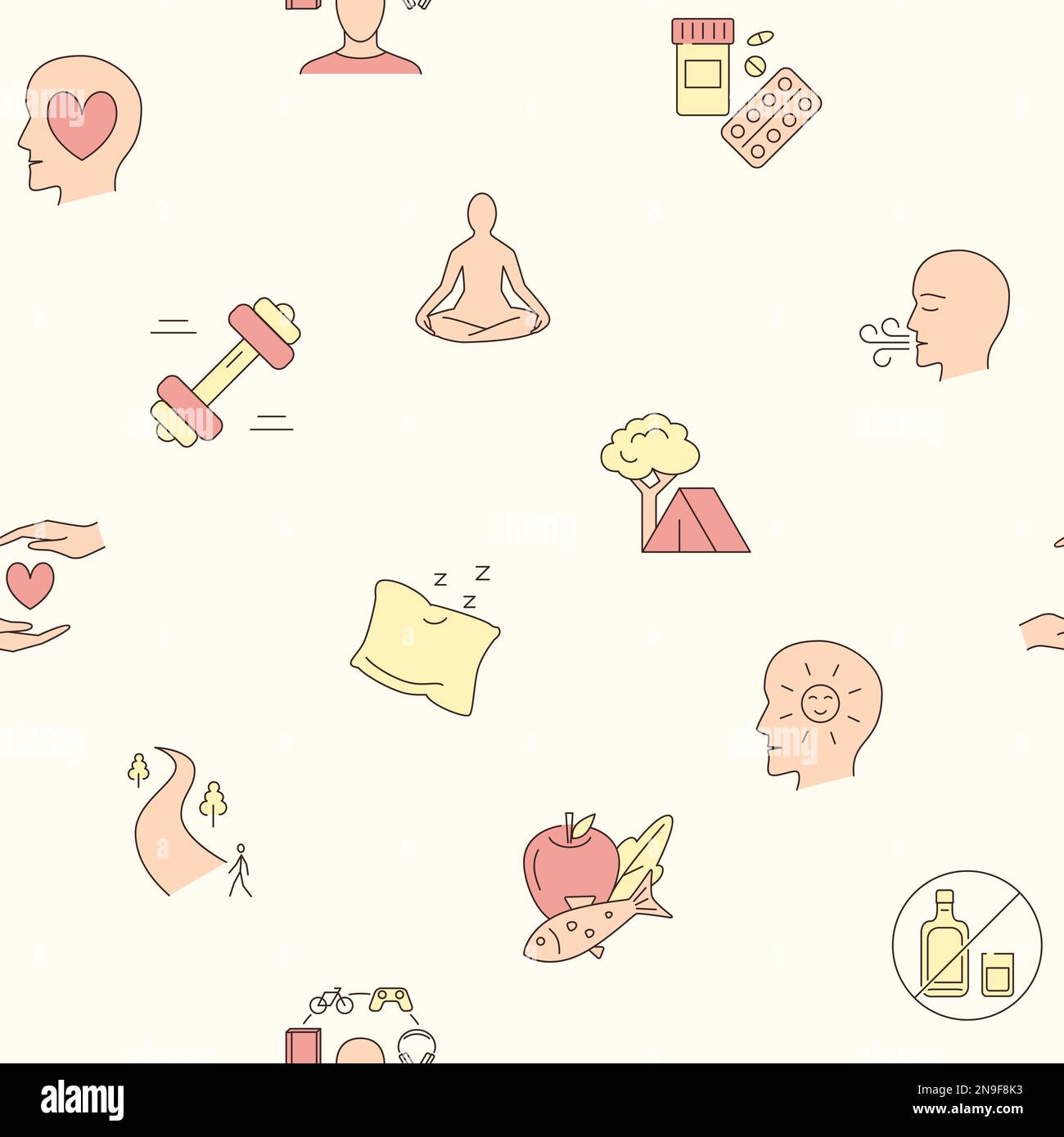 Healthy lifestyle and stress relief seamless pattern in colored line ...