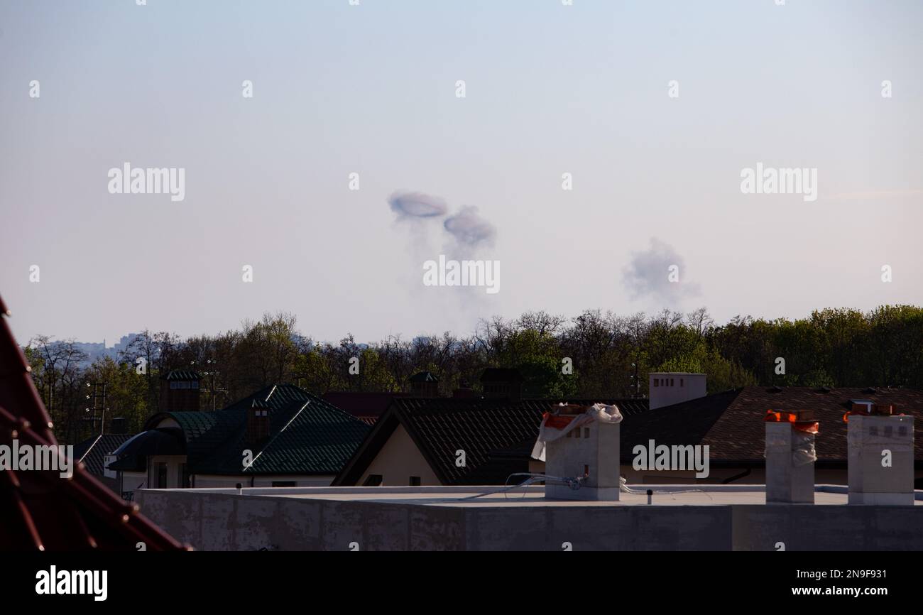 Trail launch anti-missile in the sky. Missile trail of air defense ...