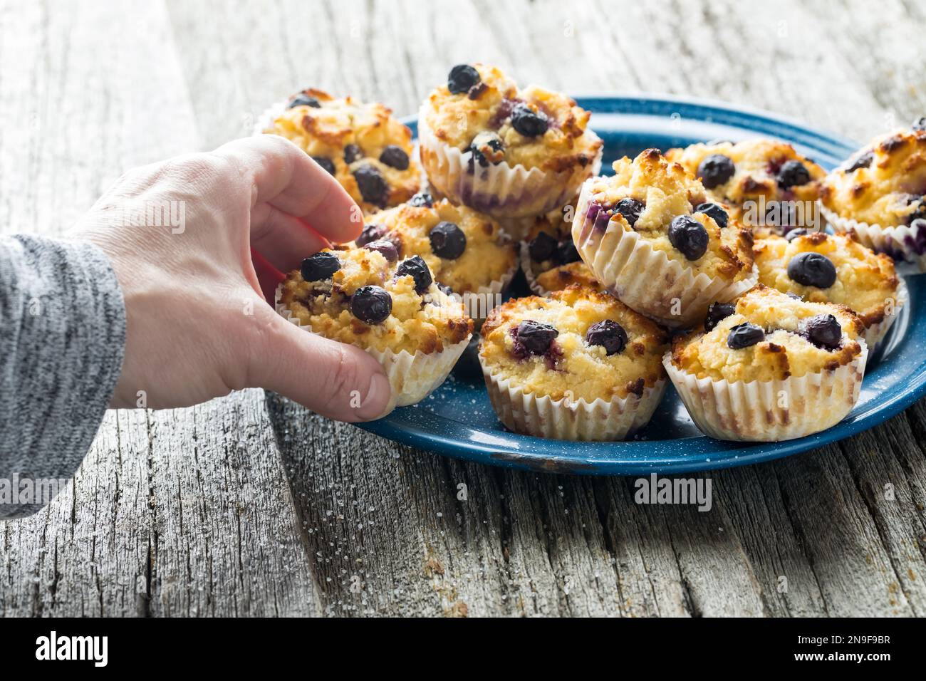 A hand taking a blueberry muffin from a plate full of muffins Stock ...