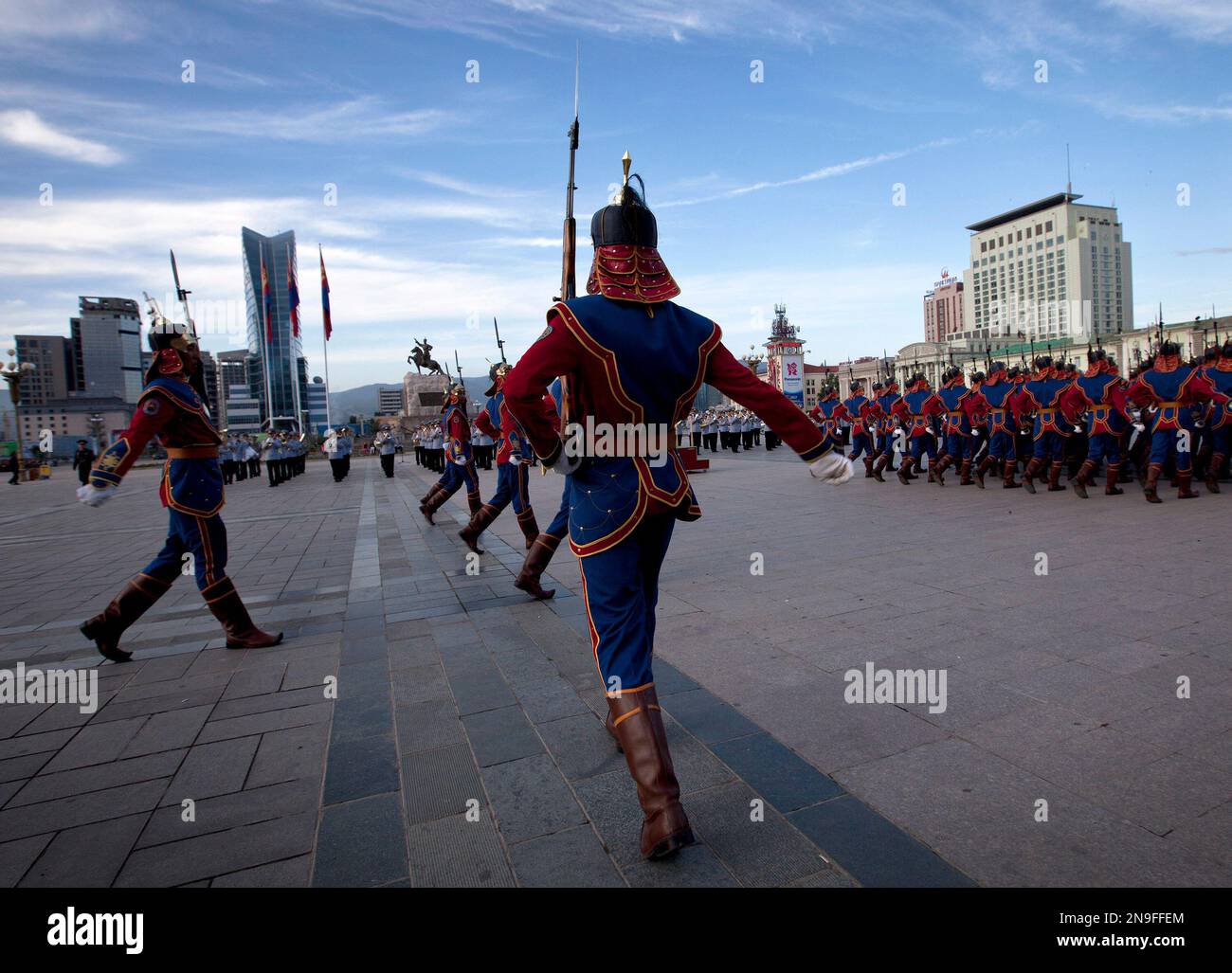 Mongolia's honor guards march during a rehearsal for a military parade ...