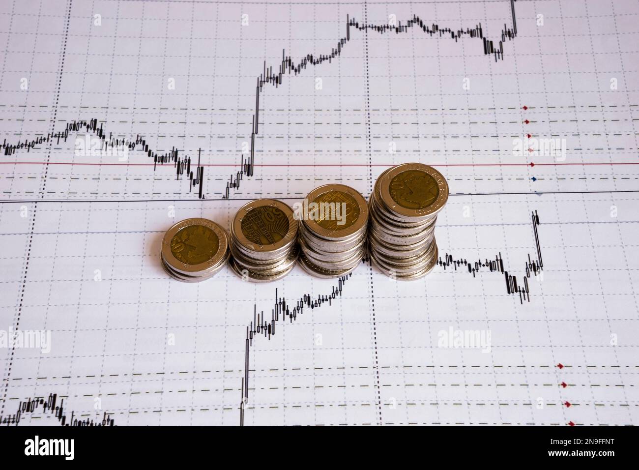 Business diagram on financial report with coins Stock Photo - Alamy