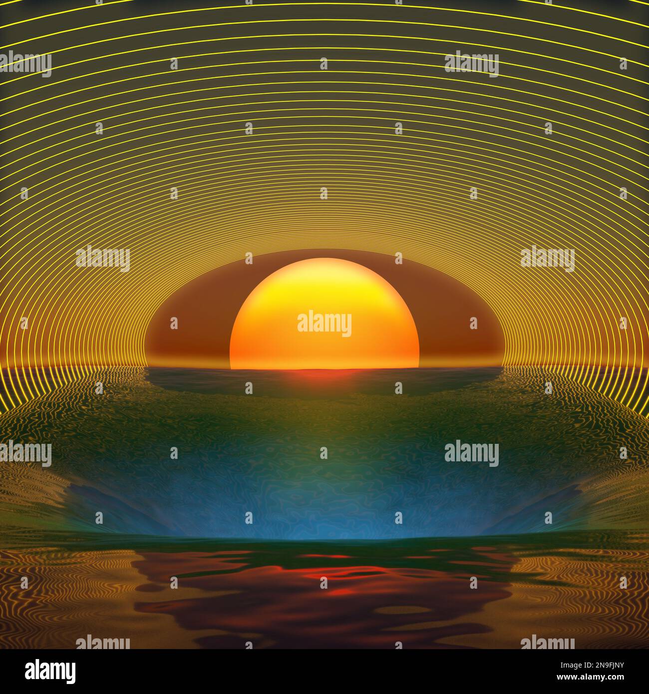 futuristic background with neon corridor at sea sunset. 3d rendering ...