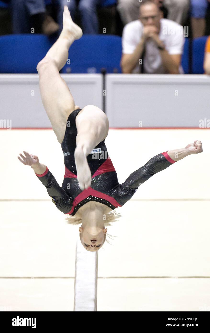 Romania's Sandra Izbasa performs a beam exercise during a gymnastics ...
