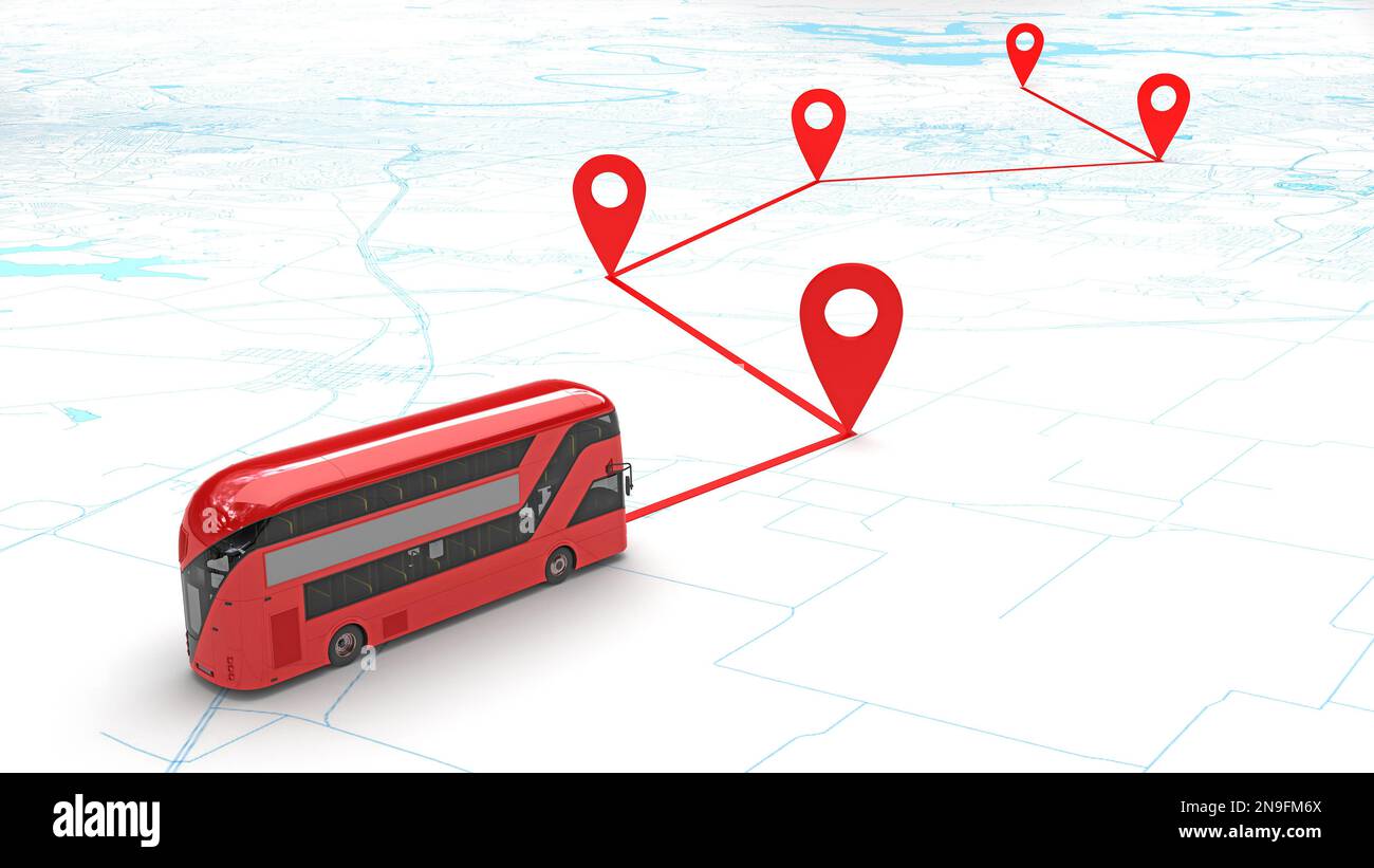 concept double-decker English red bus route on the map. 3d rendering ...