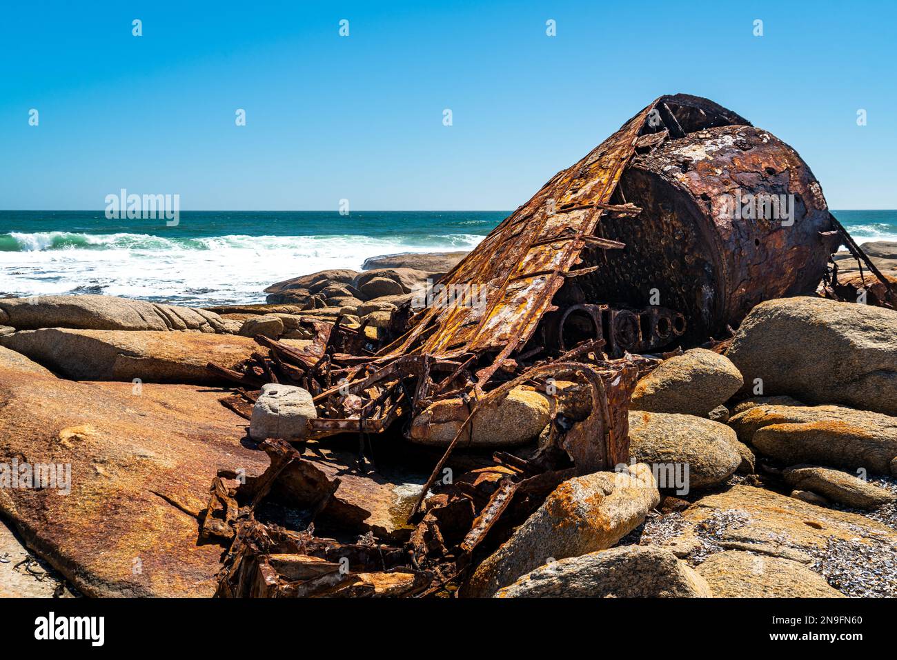 The wreck of the Aristea lies on the rocks on the Atlantic Ocean coast ...