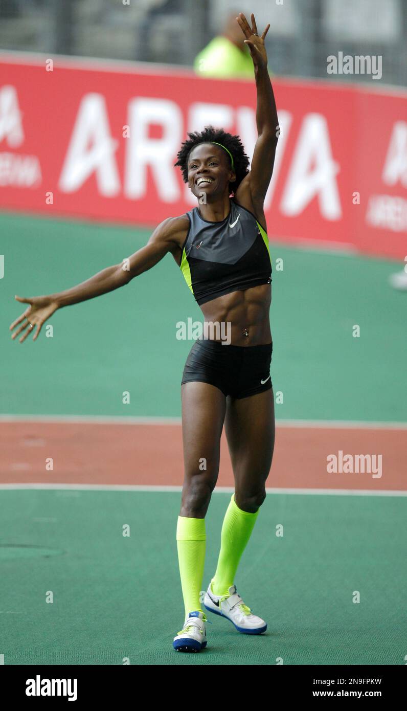 Chaunte Lowe of USA reacts during the AF Diamond League athletics ...