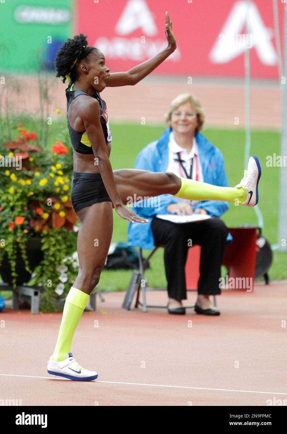 Chaunte Lowe of USA reacts during the AF Diamond League athletics ...