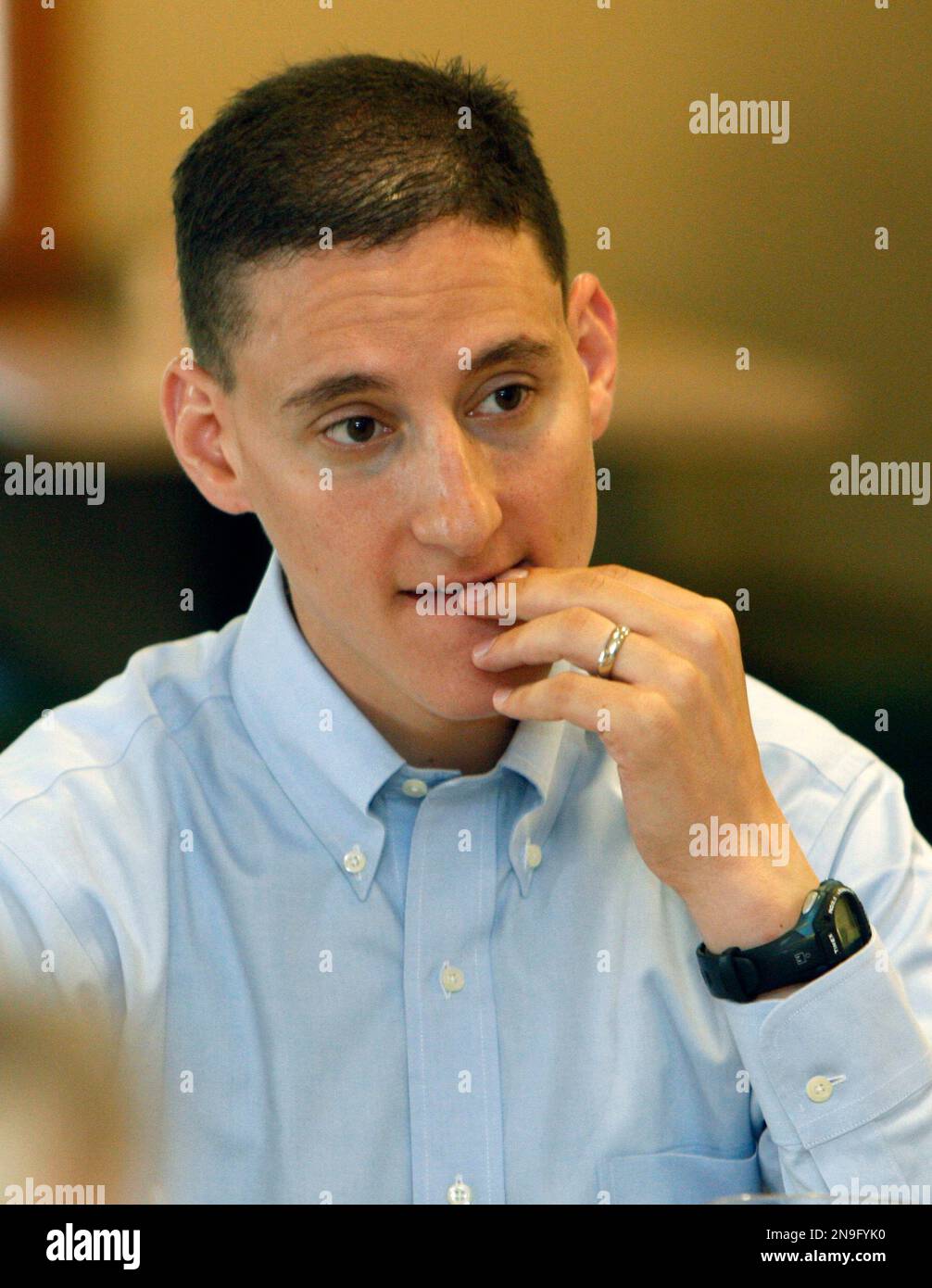 Republican U.S. Senate candidate Josh Mandel listens during a round ...