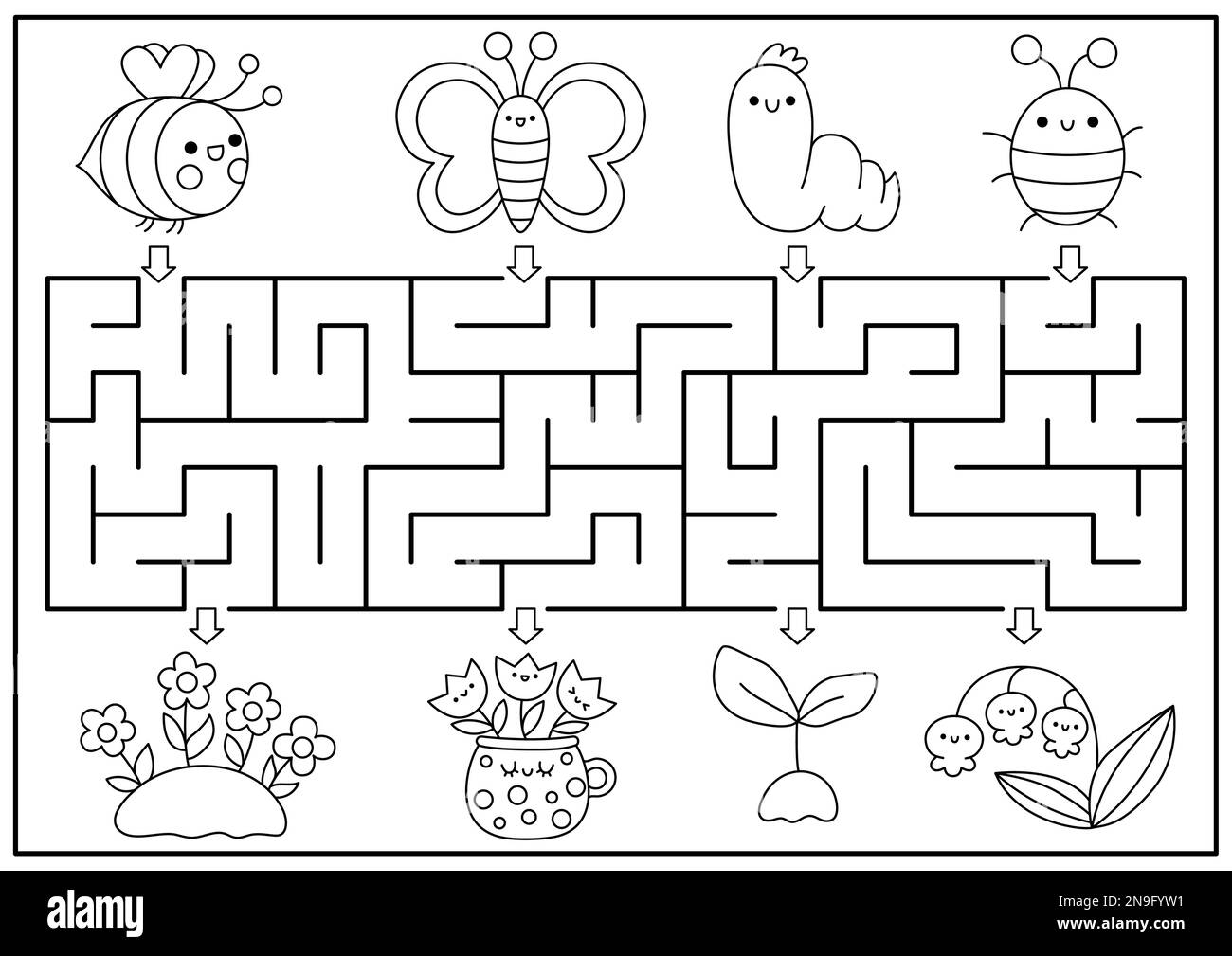 Spring black and white maze for kids. Garden geometrical preschool ...