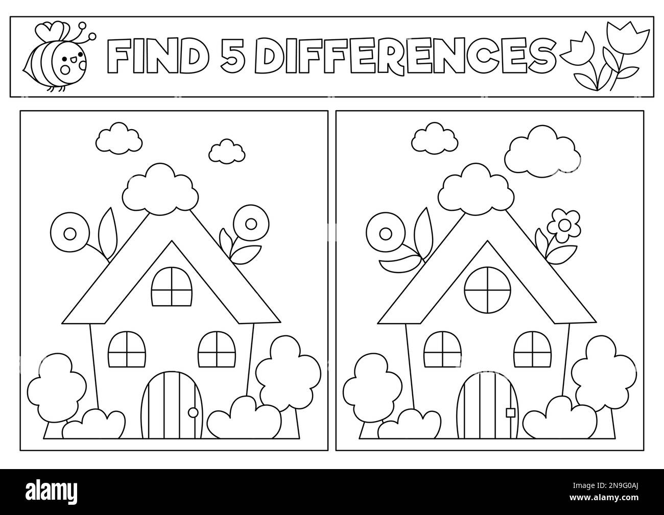 Garden black and white kawaii find differences game. Coloring page with ...