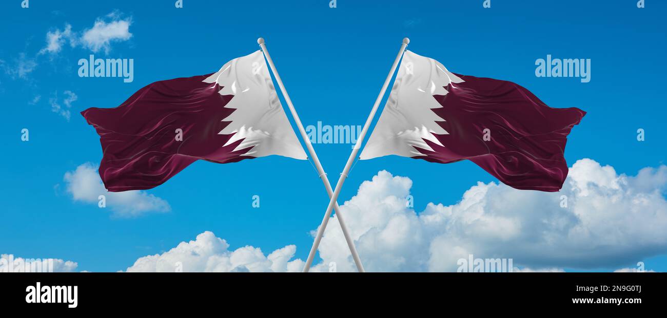 two crossed flags Qatar and Qatar waving in wind at cloudy sky. Concept ...