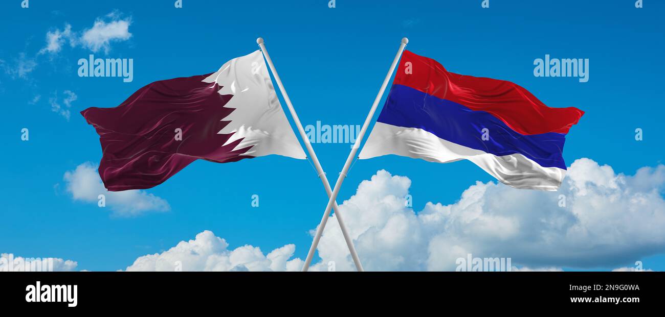 two crossed flags Republic Srpska and Qatar waving in wind at cloudy sky. Concept of ...