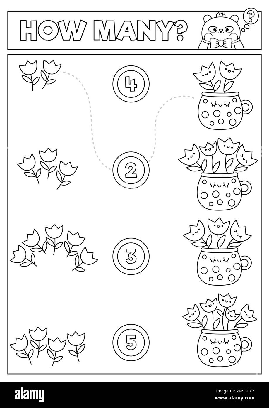 Spring black and white matching game with cute kawaii tulips in cup ...