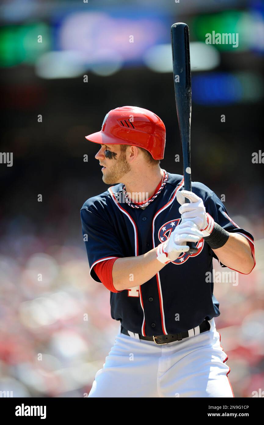 Washington Nationals' Bryce Harper (34) bats during a MLB baseball game ...