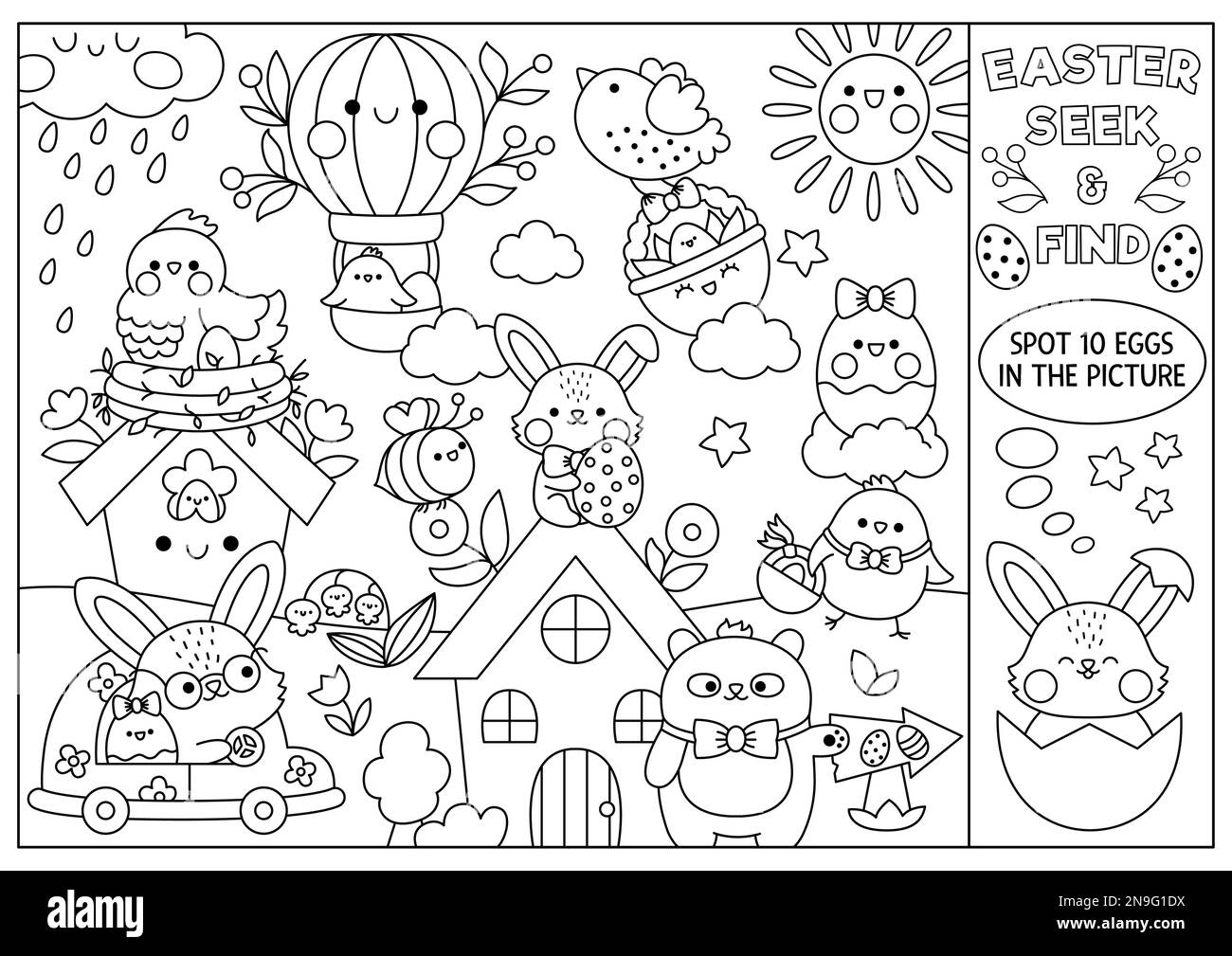 Vector black and white Easter searching game with country house and ...
