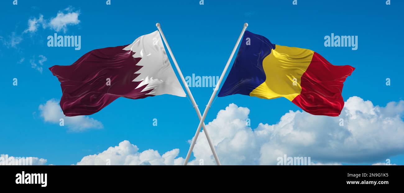 two crossed flags romania and Qatar waving in wind at cloudy sky ...