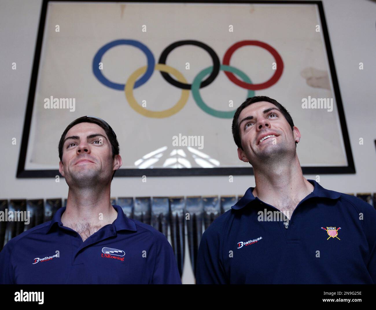 In this May 7, 2012, shows American Olympic rowers Ross James, left ...