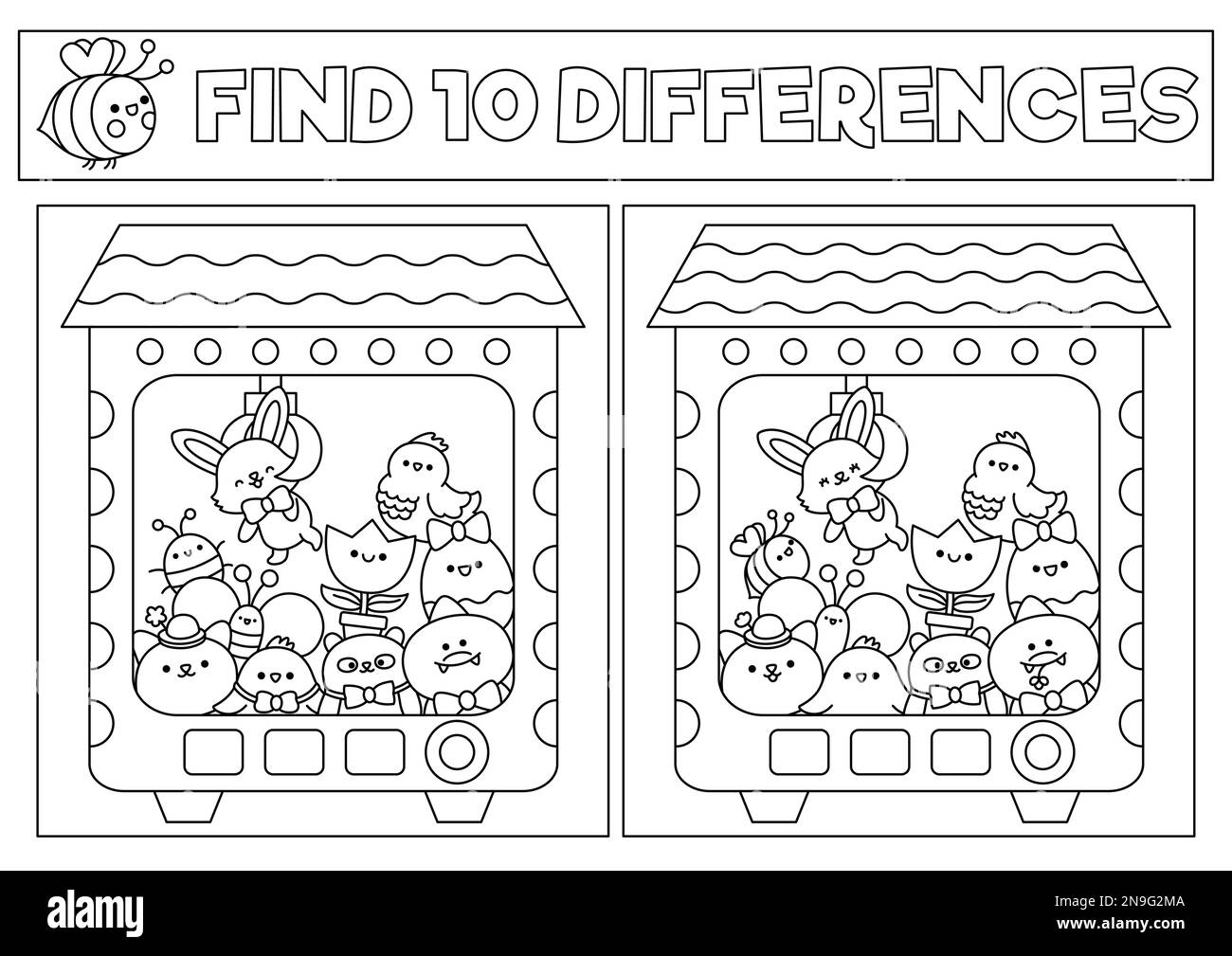Easter black and white kawaii find differences game. Coloring page with ...