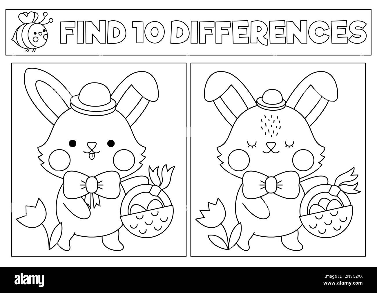 Easter black and white kawaii find differences game. Coloring page with ...