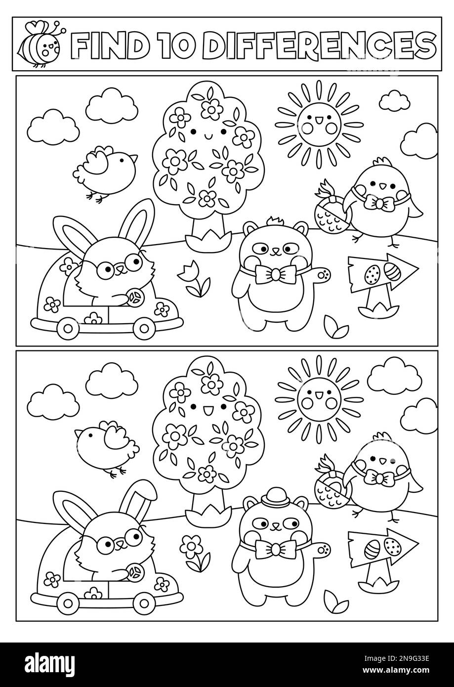 Easter black and white kawaii find differences game for children. Attention skills line activity ...