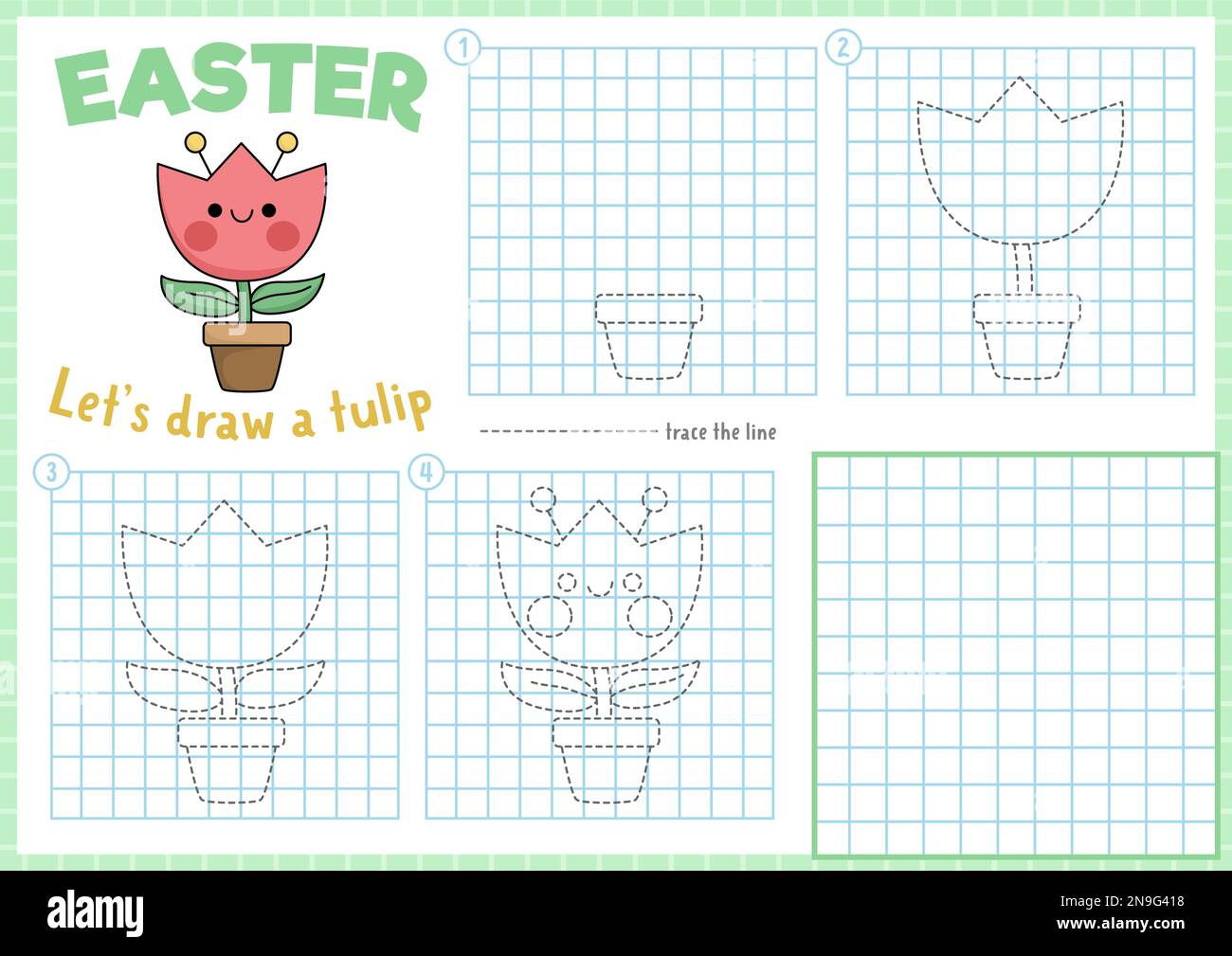 Garden step by step drawing worksheet. How to draw a tulip in pot ...