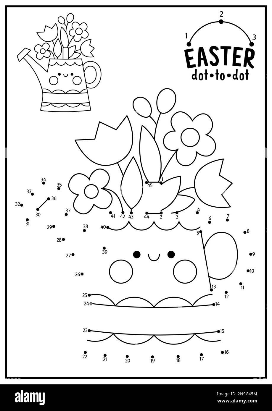 Vector Easter dot-to-dot and color activity with cute kawaii watering ...