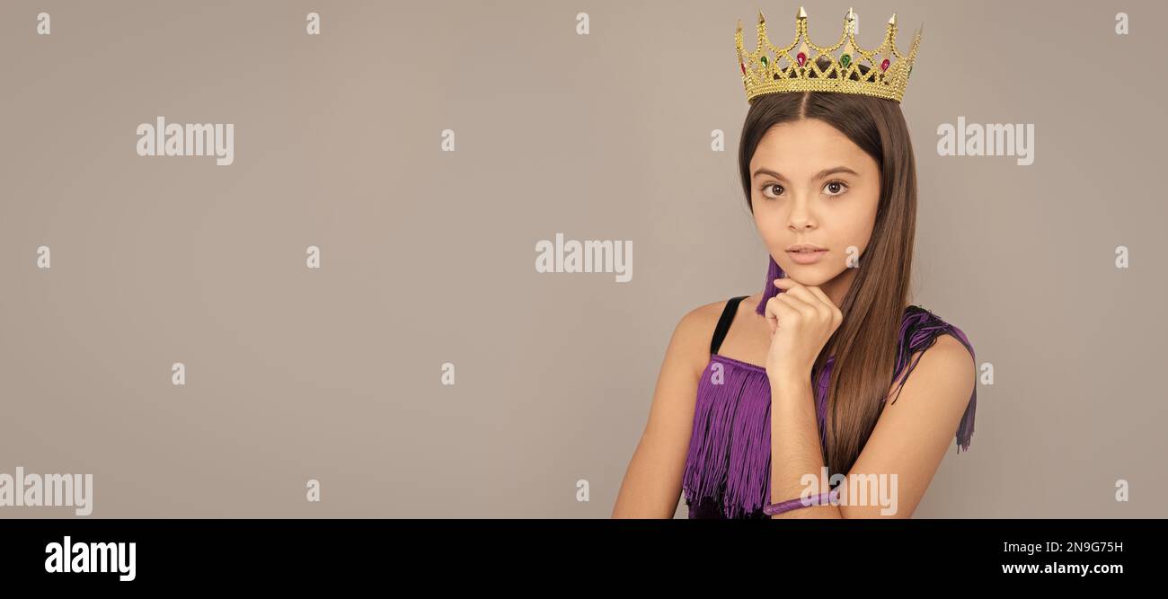 Ambitious girl wear luxury jewelry crown grey background copy space ...