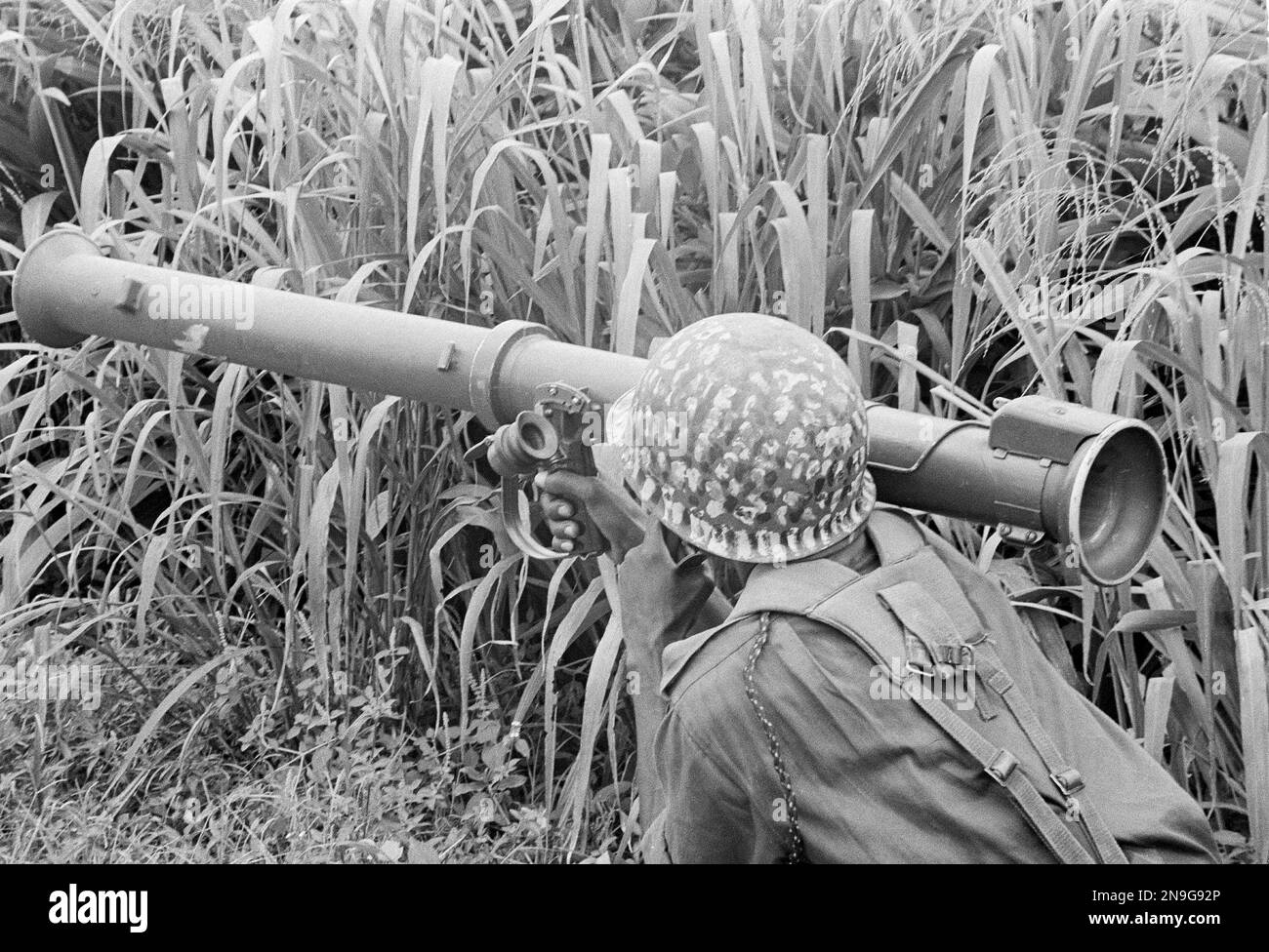 A Nigerian soldiers takes aim with a bazooka, Sept. 1968. (AP Photo ...