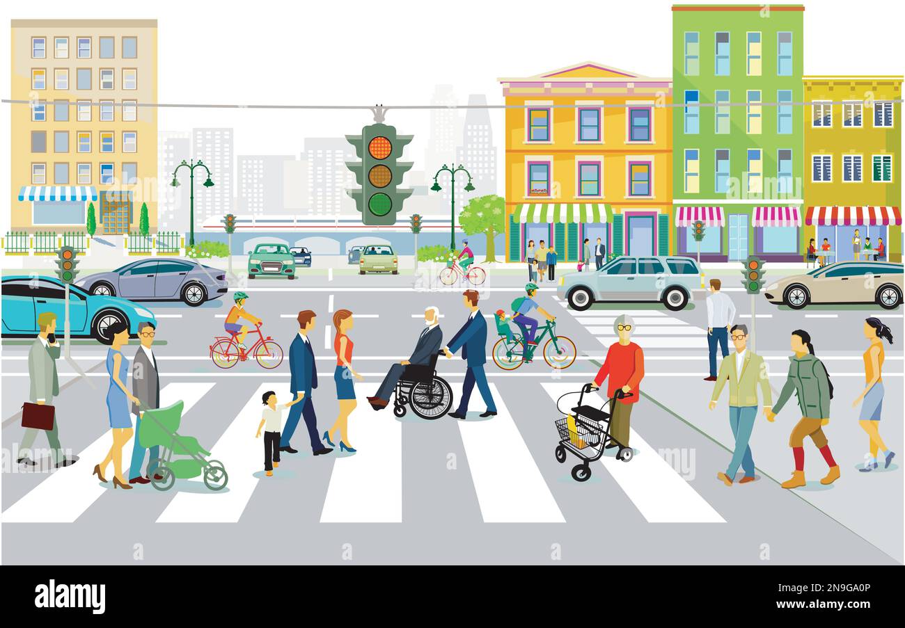 City silhouette with road traffic and pedestrians on the zebra crossing ...