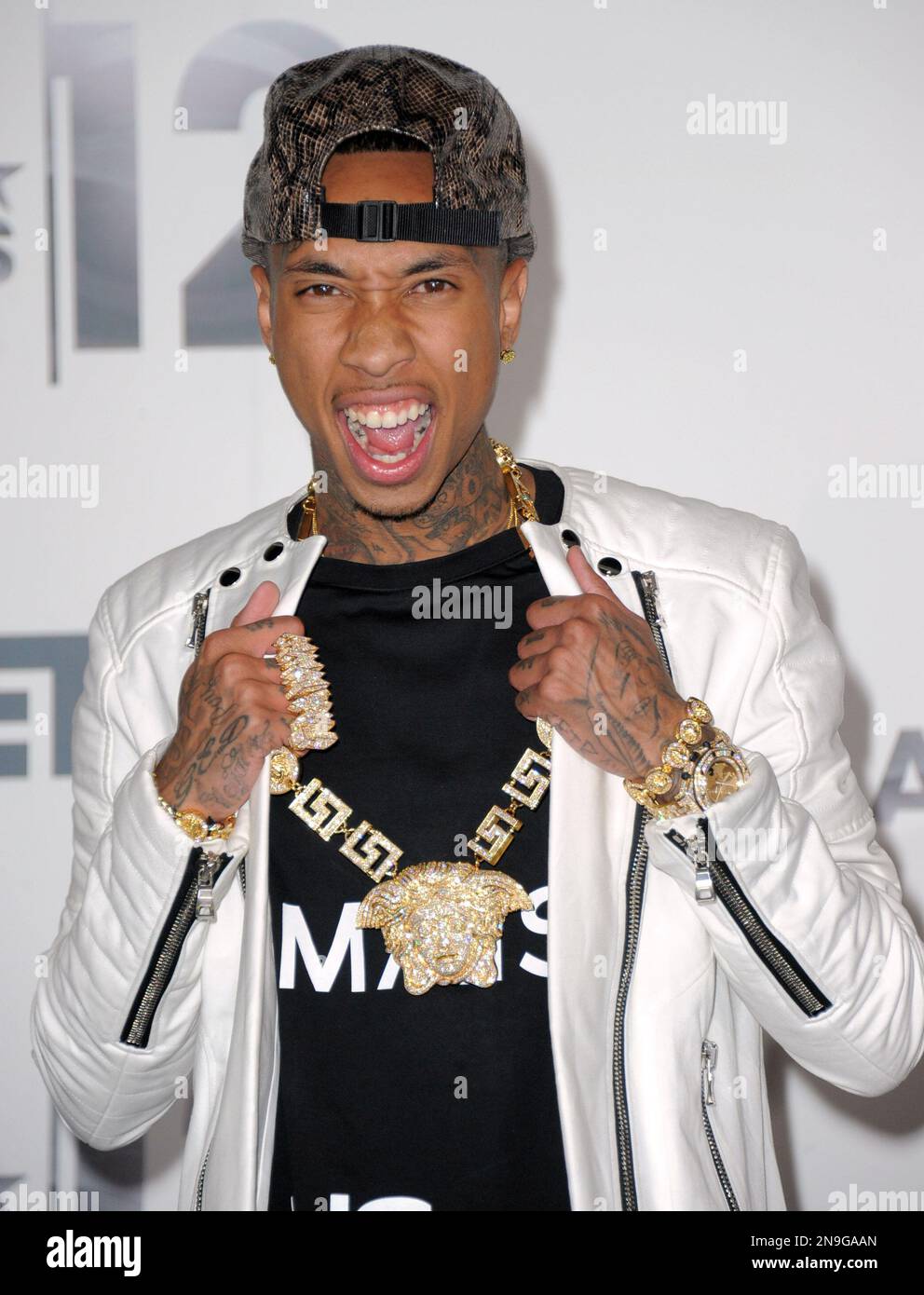 Tyga poses backstage at the BET Awards on Sunday, July 1, 2012, in Los ...