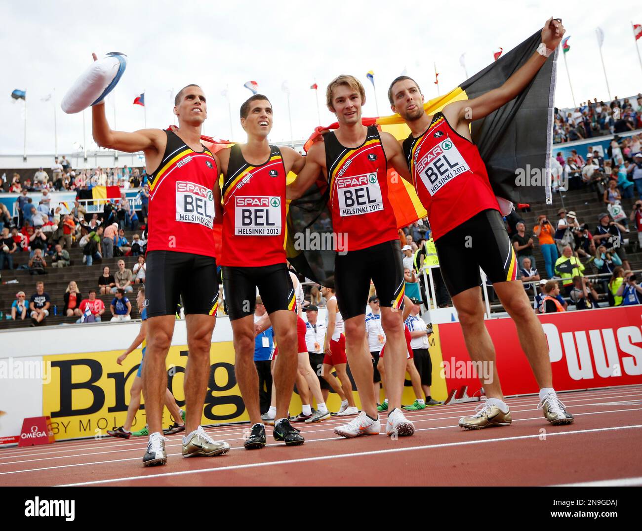 Team Belgium celebrates after winning the gold medal in the Men's 4x400 ...