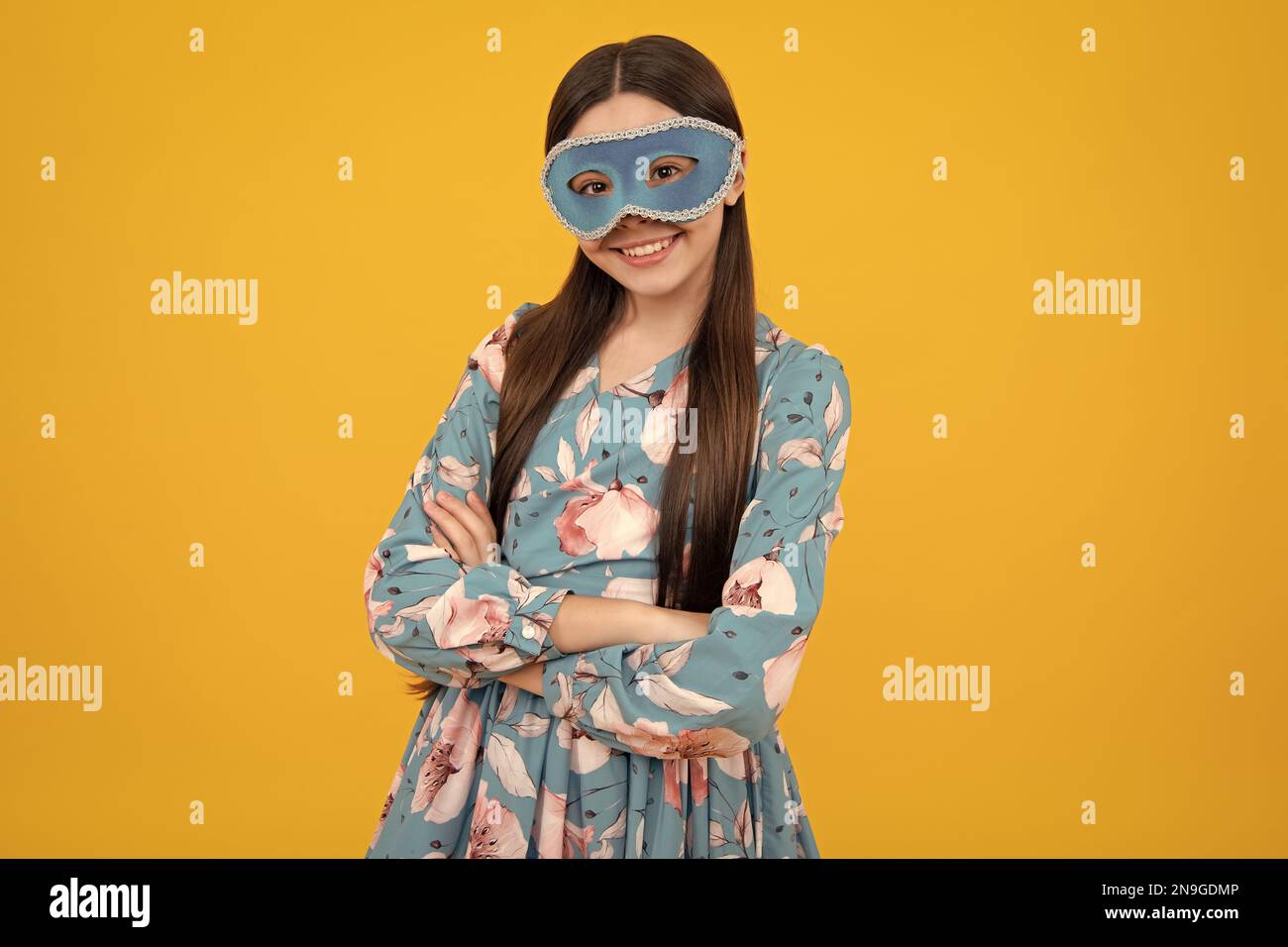 Teenager child girl in samba mask at carnival. Kids in carnival mask on ...