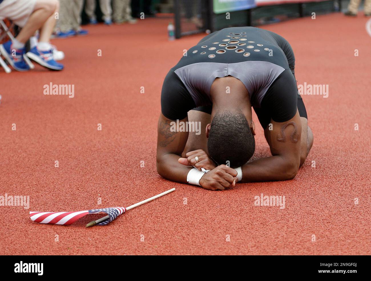 Jeffrey Porter celebrate after finishing third in the men's 110 meter ...
