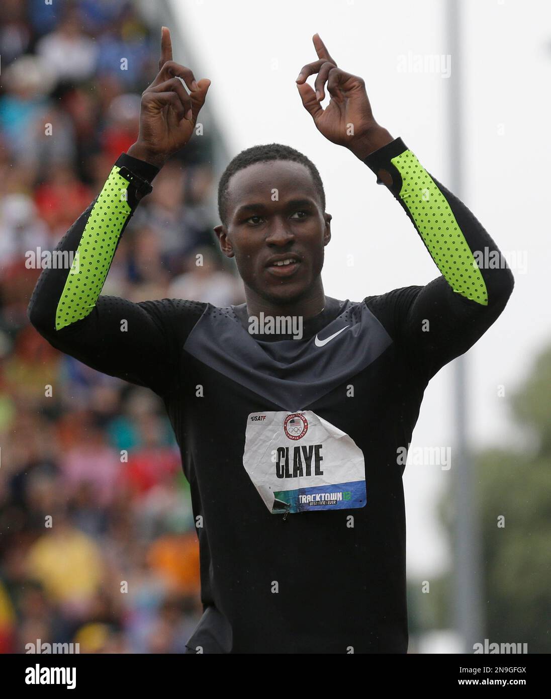 William Claye reacts after competing in the triple jump competition at ...