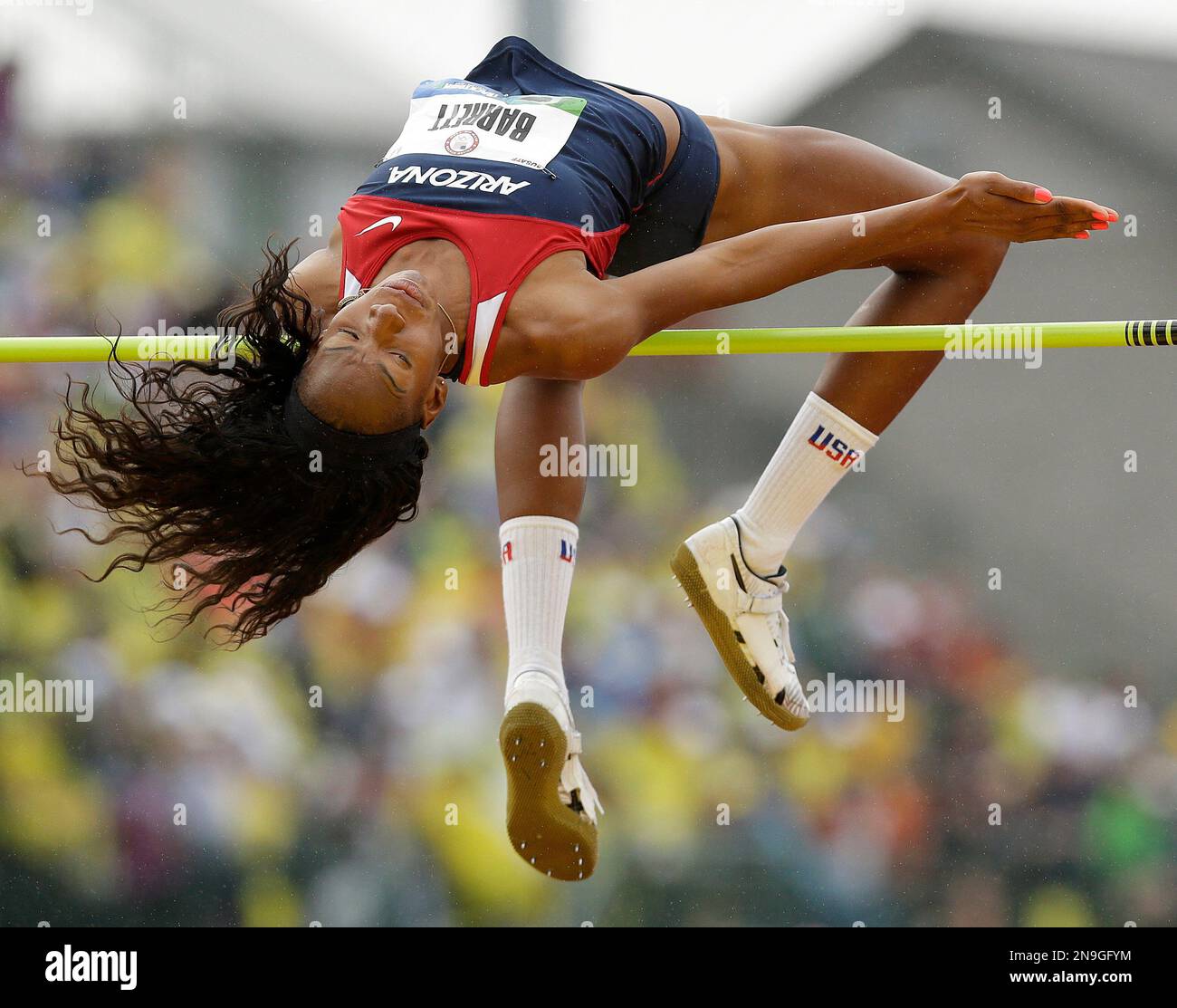 Brigetta Barrett competes in the women's high jump final at the U.S ...