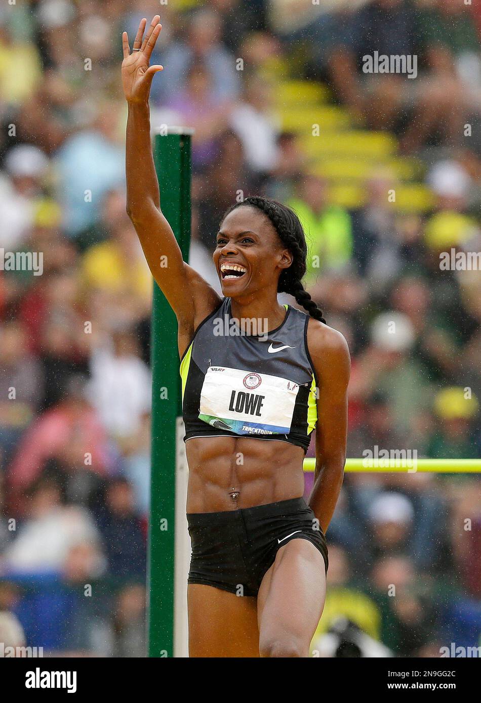 Chaunte Lowe reacts after clearing her height in the women's high jump ...