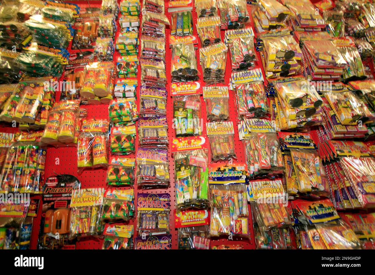 Bagged fireworks hang from a pegboard display at the Olde Glory ...