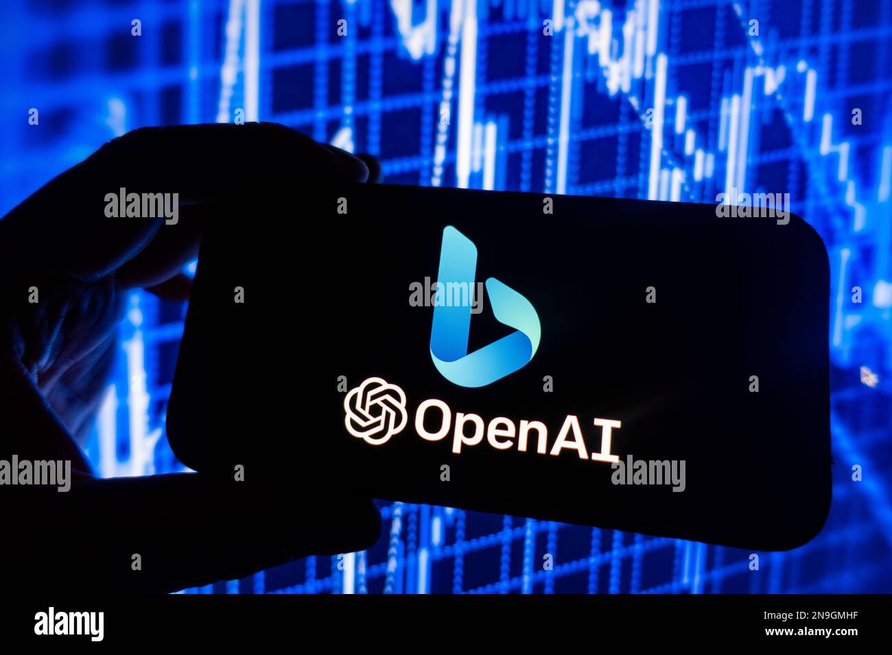 Digital composite image of new AI Microsoft Bing search engine powered by ChatGPT by OpenAI on a ...