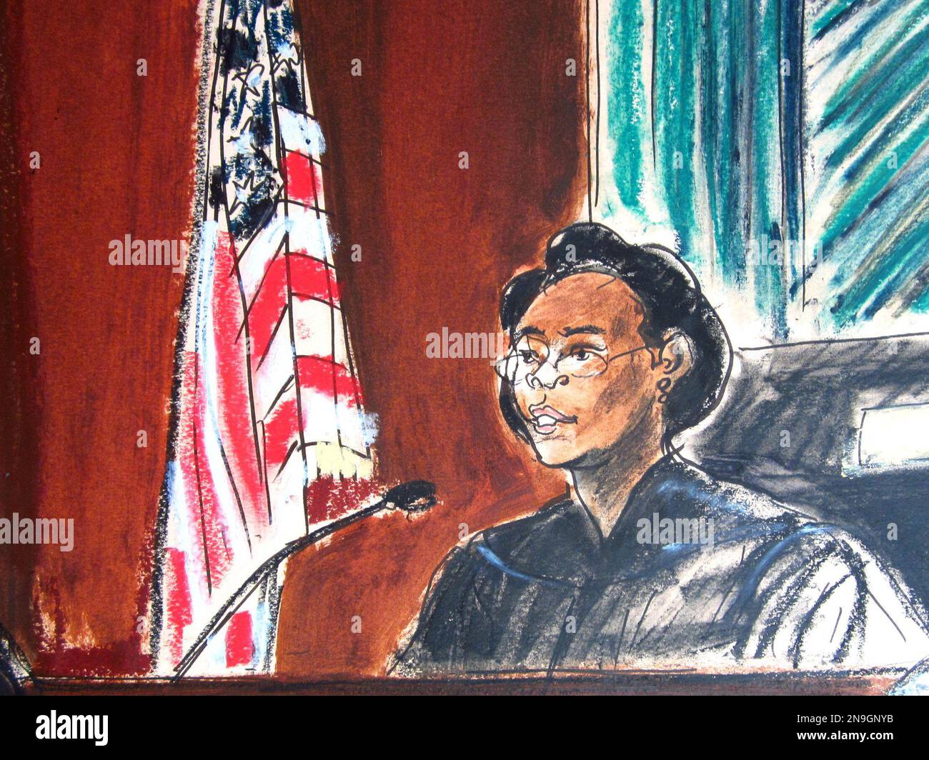 In this courtroom drawing, Judge Laura Taylor Swaine speaks from the ...