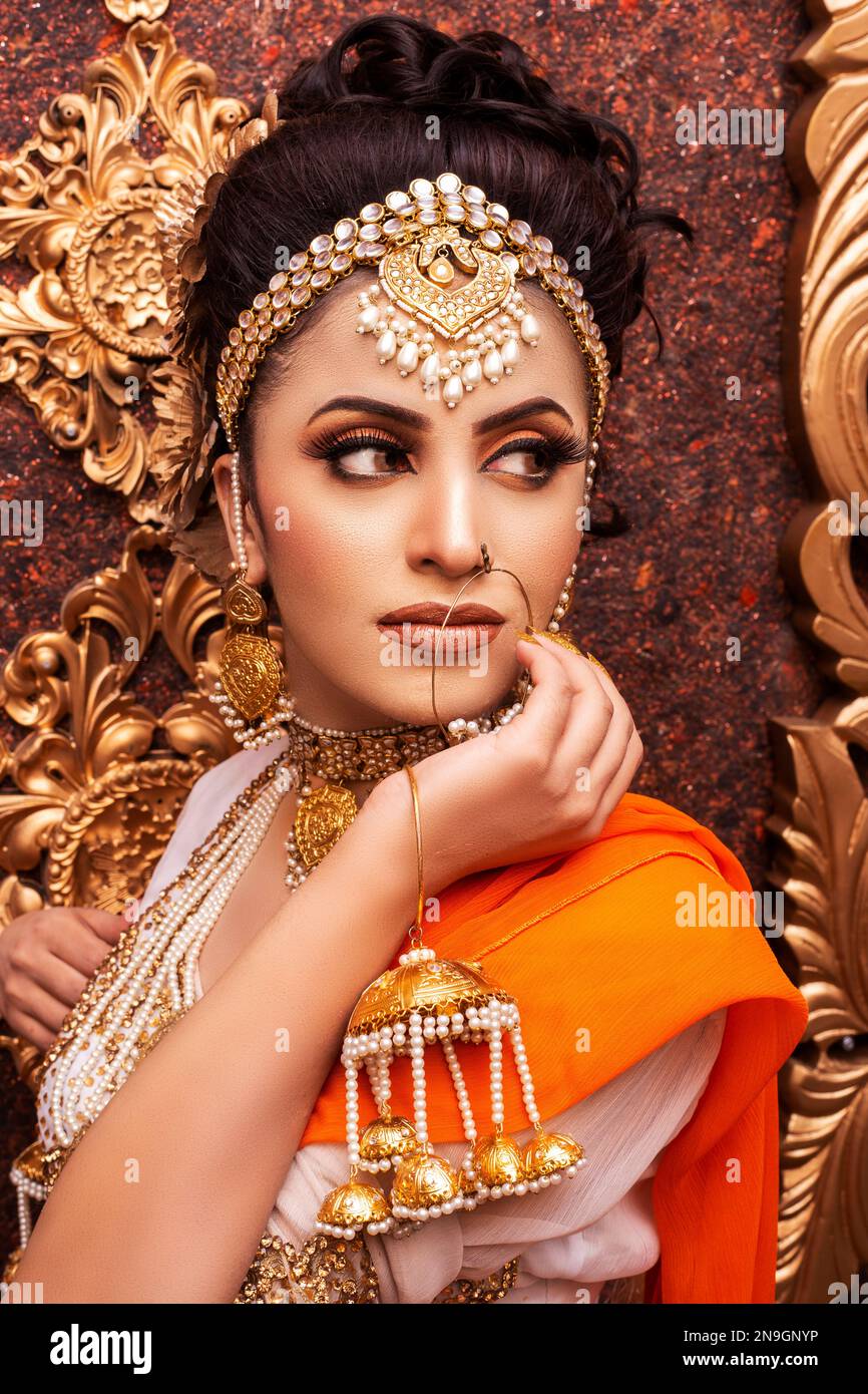 Pakistani. Indian Beautiful bride makeup for saloon shoot Stock Photo ...