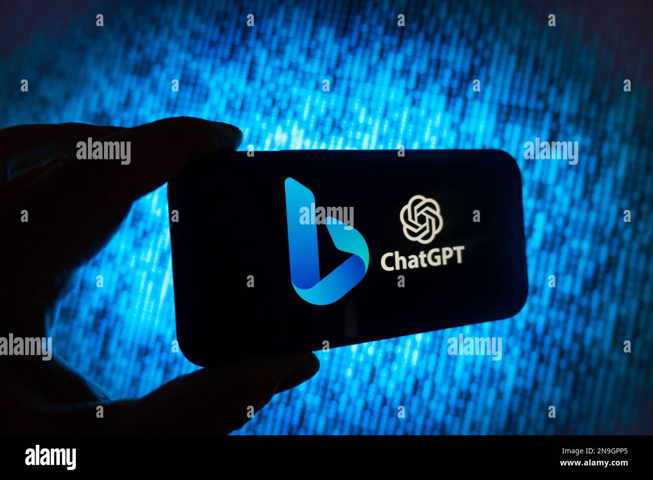 Digital composite image of new AI Microsoft Bing search engine powered by ChatGPT by OpenAI on a ...