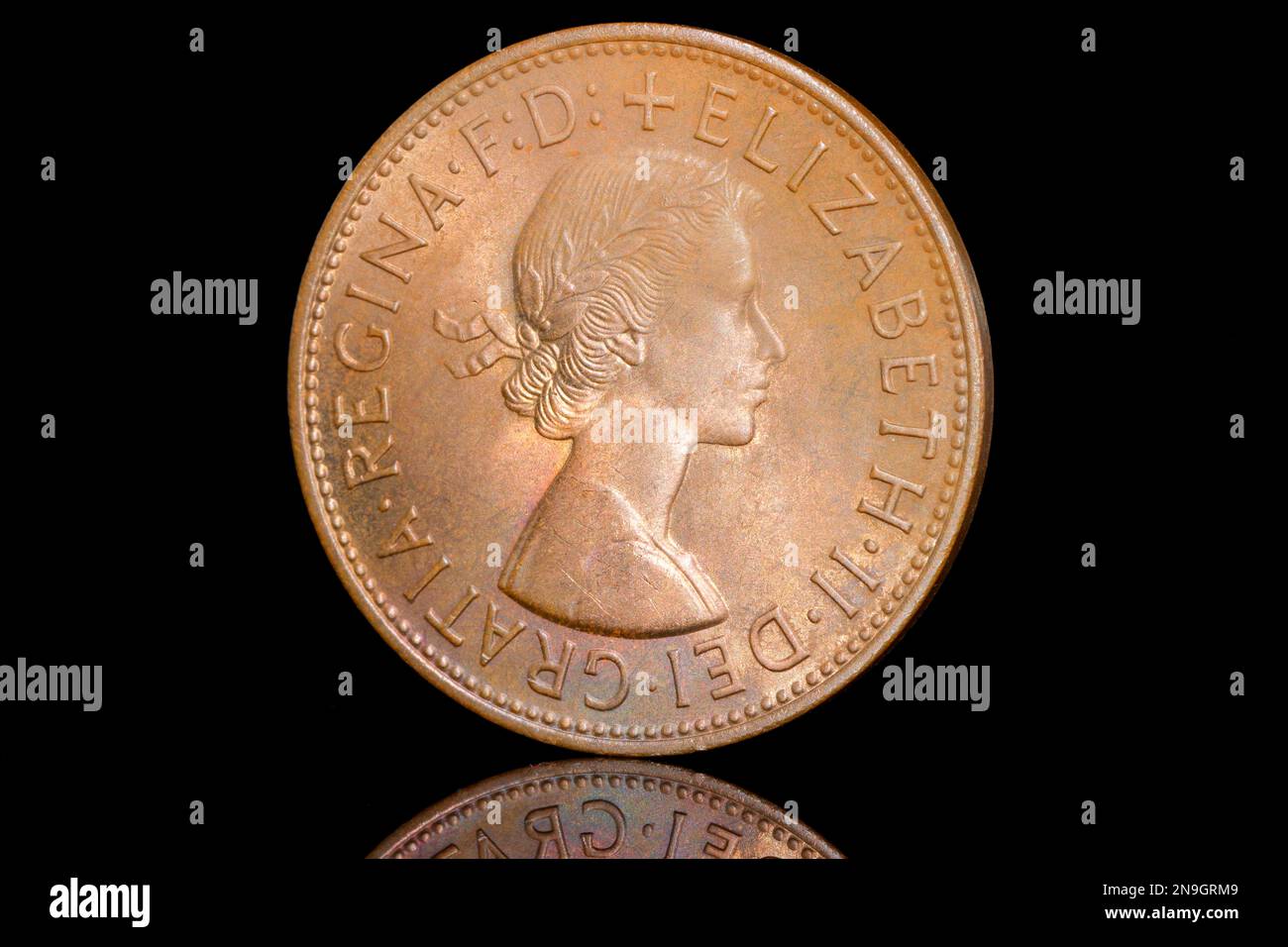Obverse side of a 1967 One Penny coin featuring Queen Elizabeth II ...