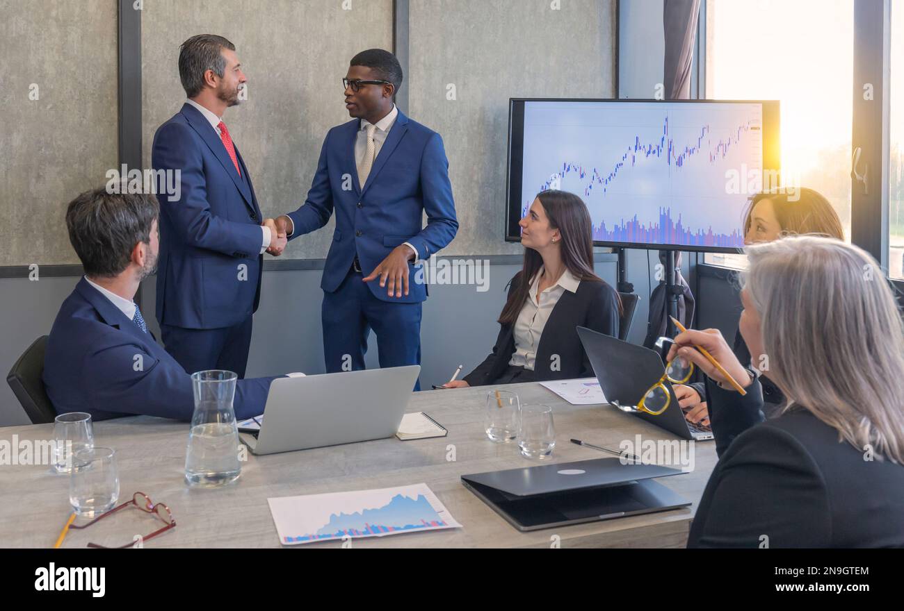 colleagues meeting in modern office meeting room, black boss ...
