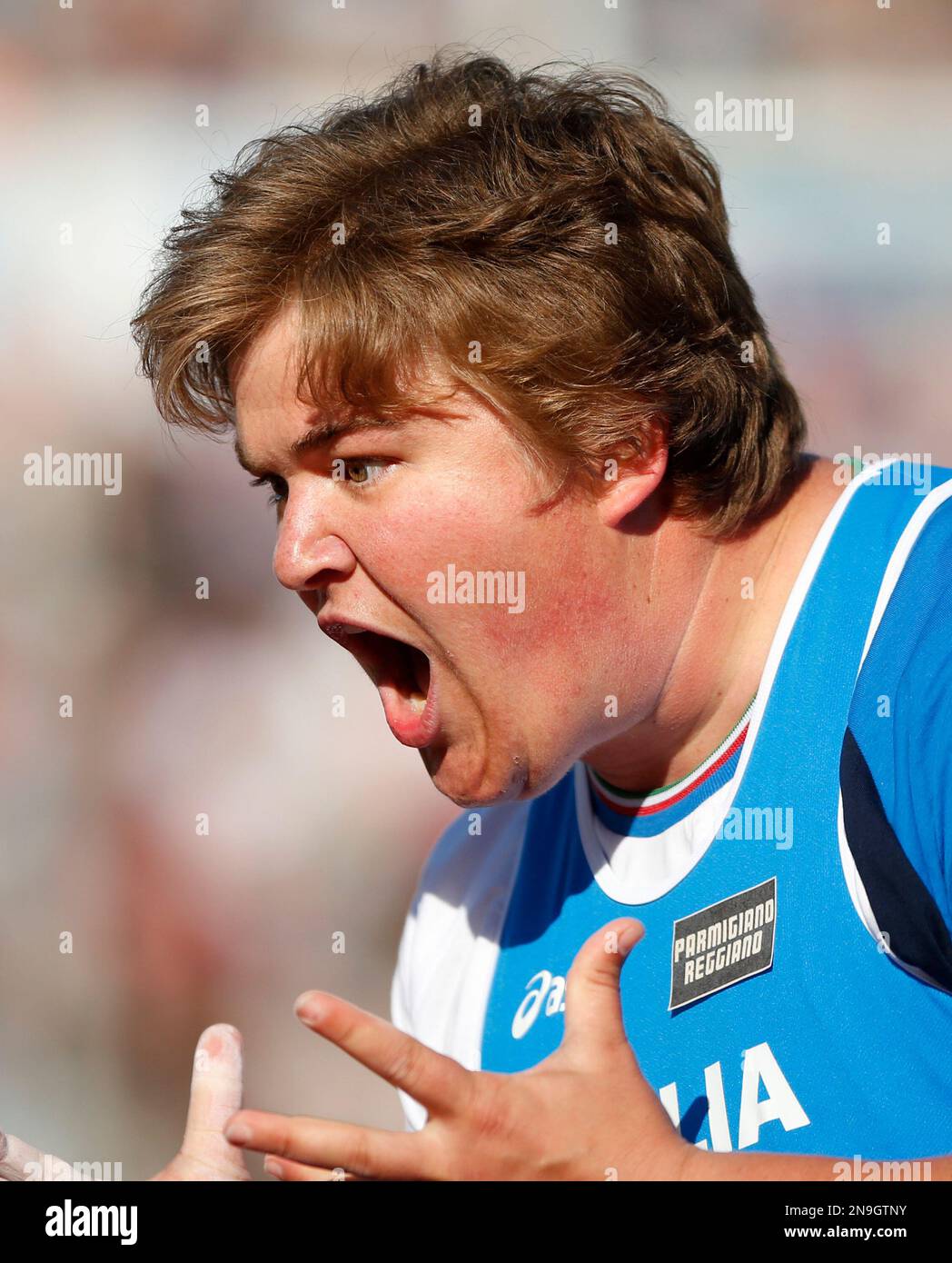 Italy's Chiara Rosa reacts when winning bronze in the Women's Shot Put ...